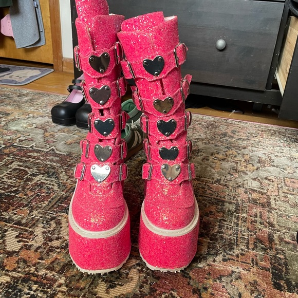 Demonia | Shoes | Pink Glitter Platform Boots With Heart Accents | Poshmark